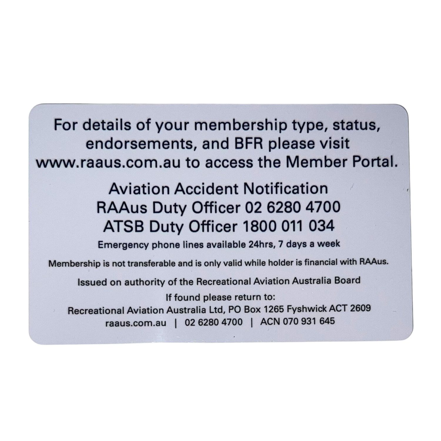 RAAus Replacement Membership Card